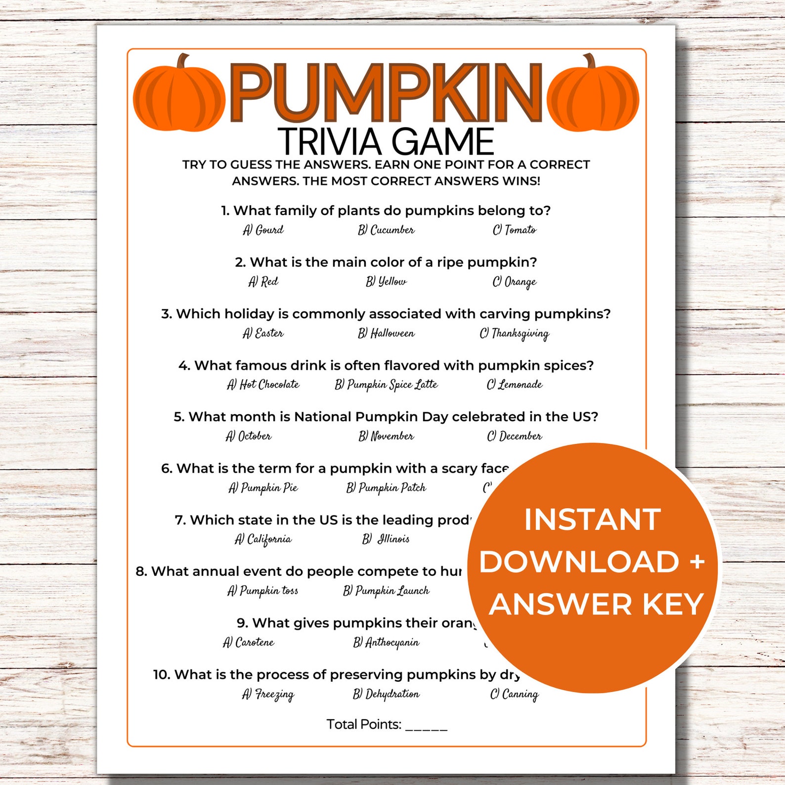 Pumpkin Trivia Game, Printable Pumpkin Trivia, Fun Fall Trivia Game for ...