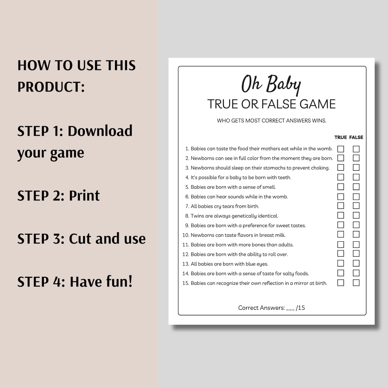 True or False Baby Shower Game, Printable Baby Shower True or False ...