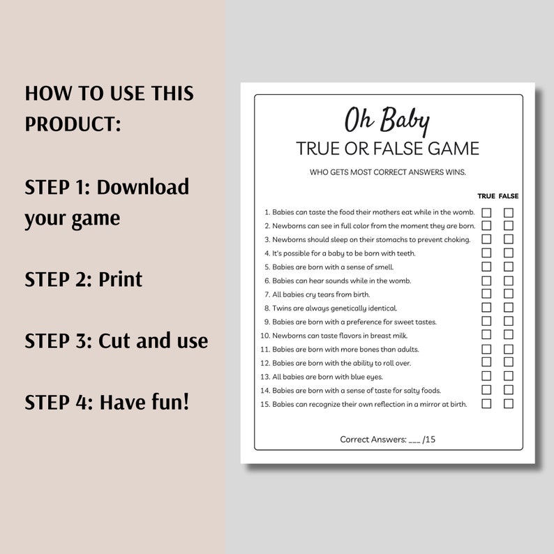 True or False Baby Shower Game, Printable Baby Shower True or False ...