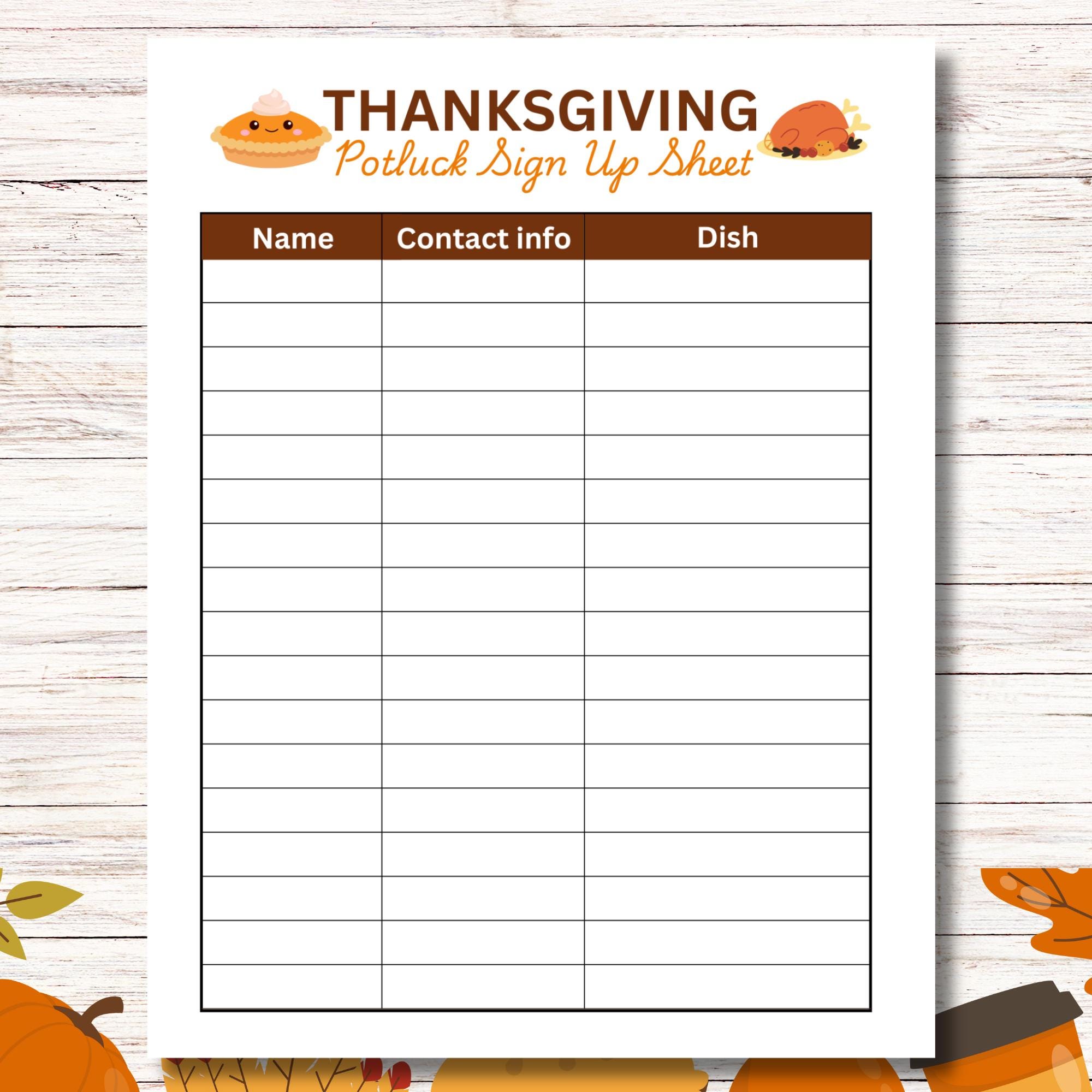 Thanksgiving Potluck Sign up Sheet Printable PDF, Thanksgiving Dinner ...