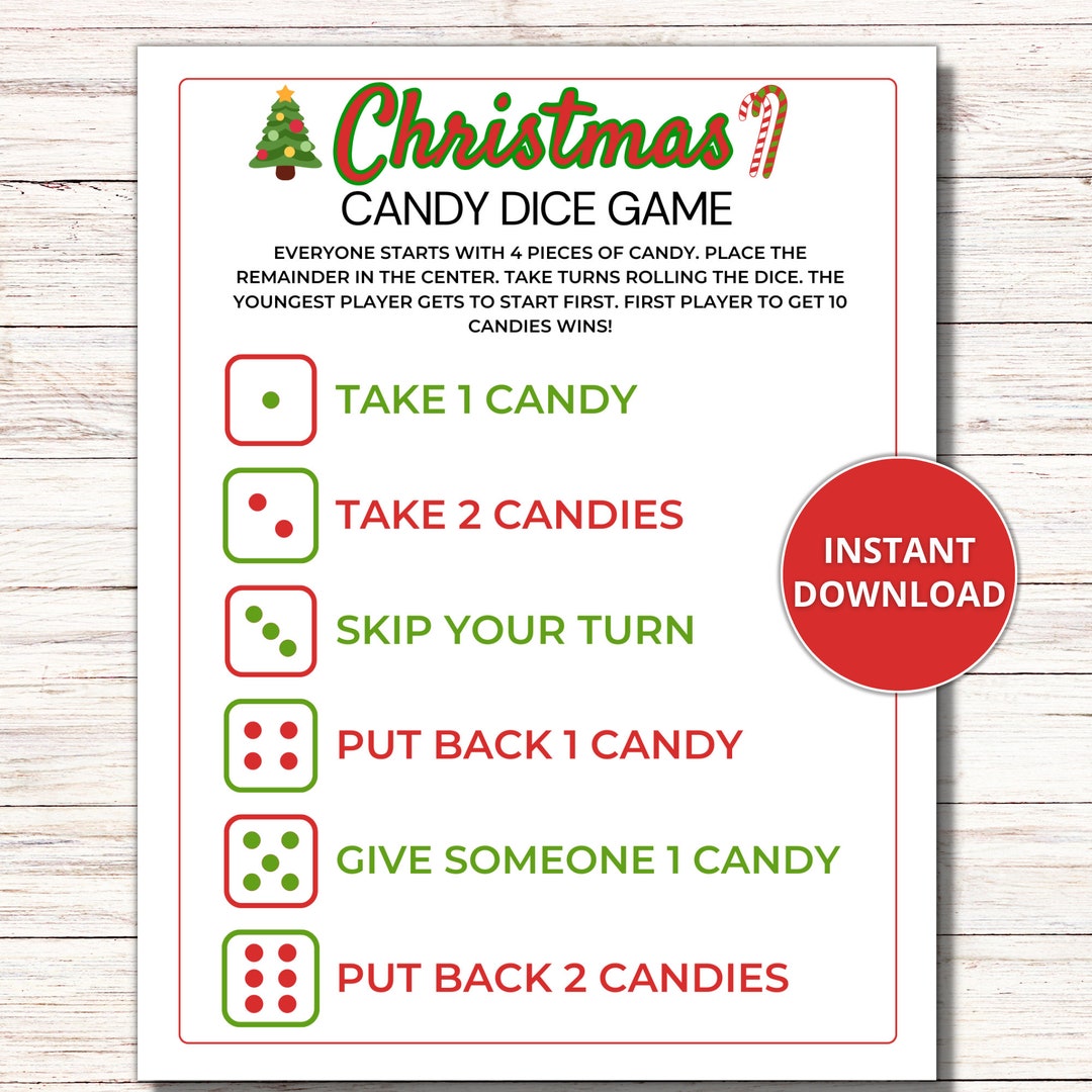 Christmas Candy Dice Game, Printable Christmas Dice Game, Candy Game ...