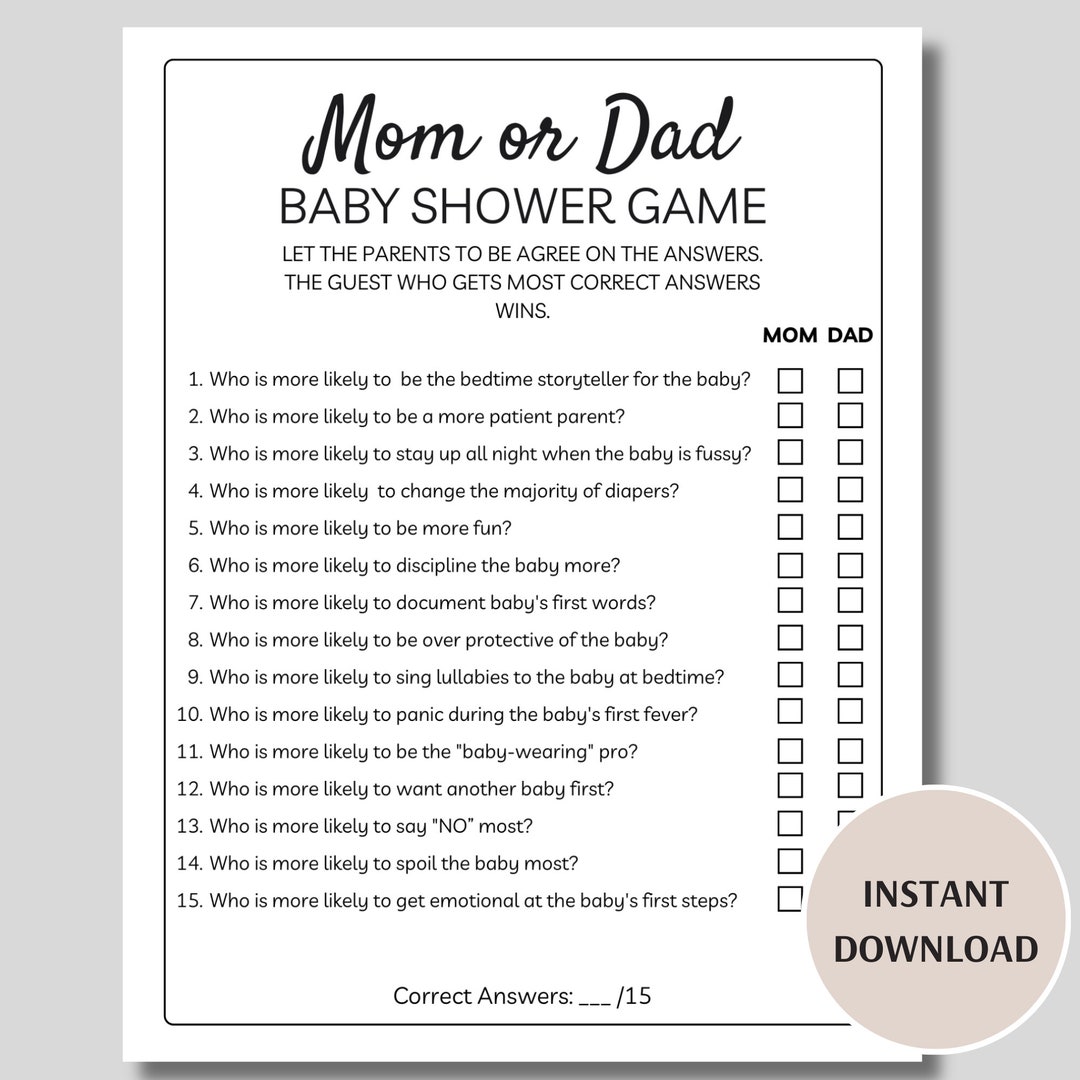 Mom or Dad Baby Shower Game, Printable Baby Shower Mom or Dad Game ...