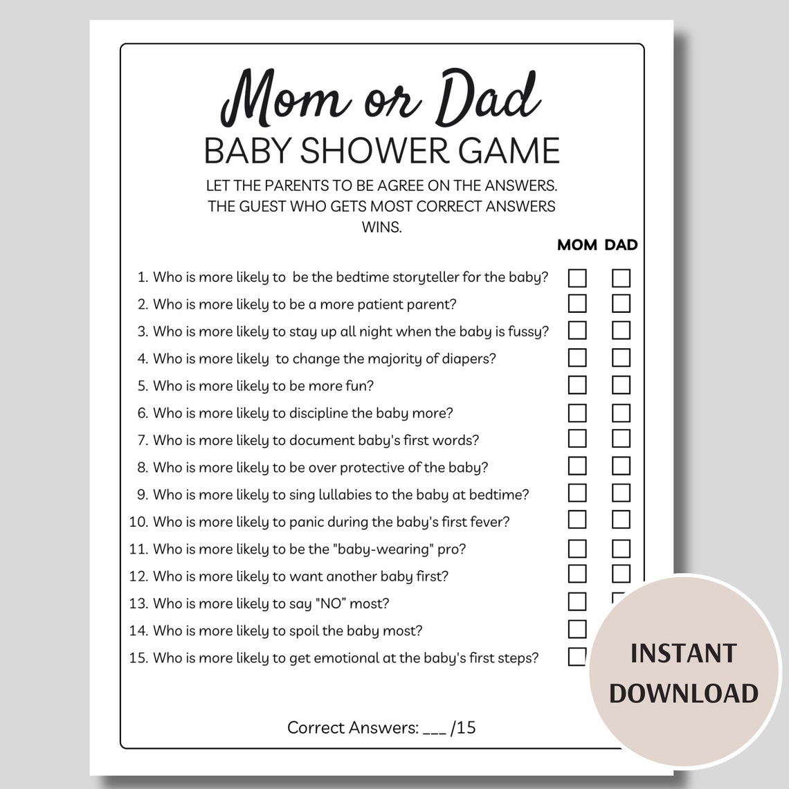 Mom or Dad Baby Shower Game, Printable Baby Shower Mom or Dad Game ...