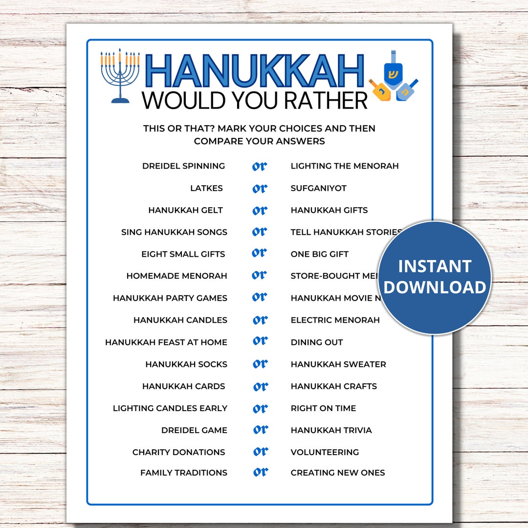 Hanukkah Would You Rather Game, Printable Hanukkah Games for Family ...