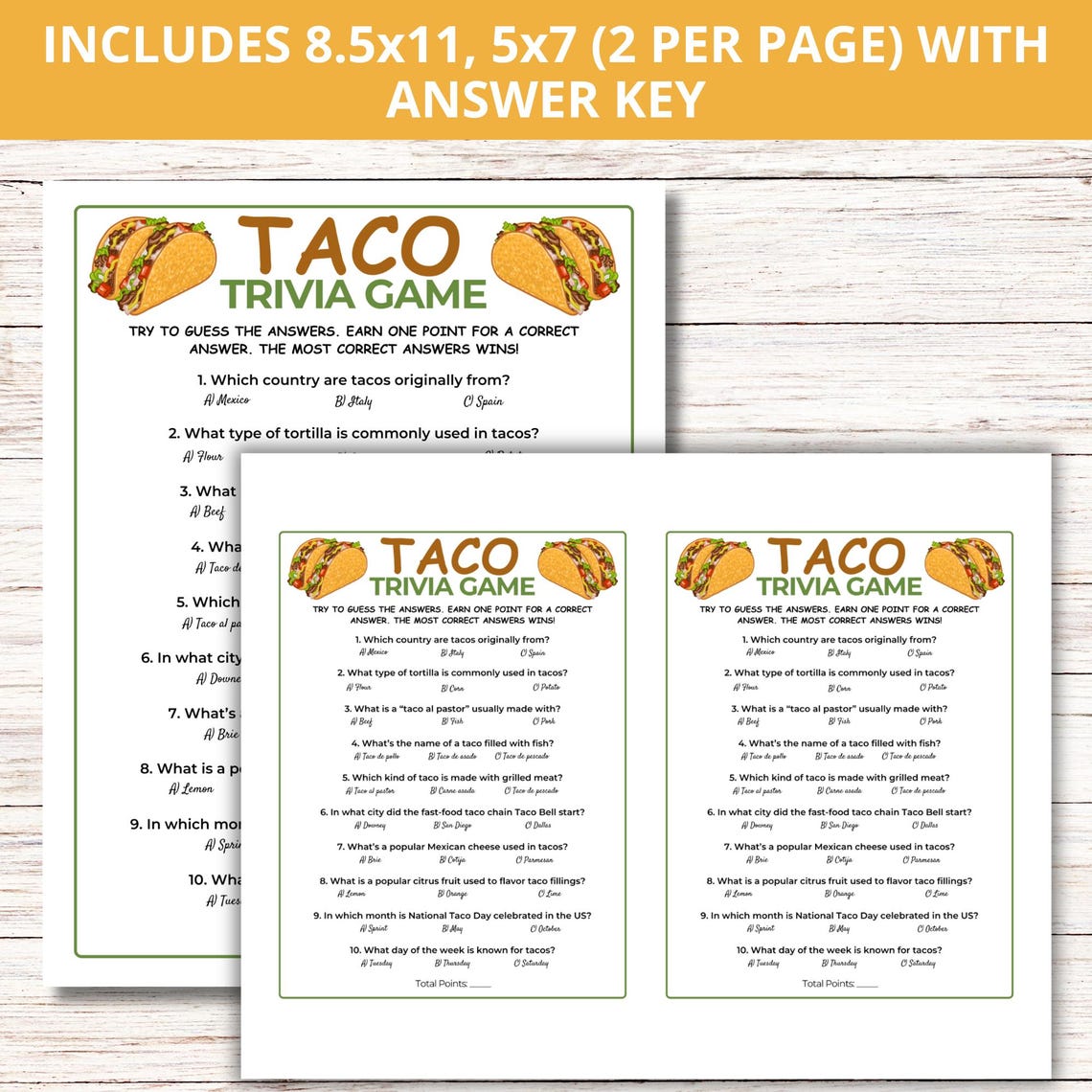 Taco Trivia Game, Printable Taco Tuesday Quiz, Fun Taco Party Game for ...