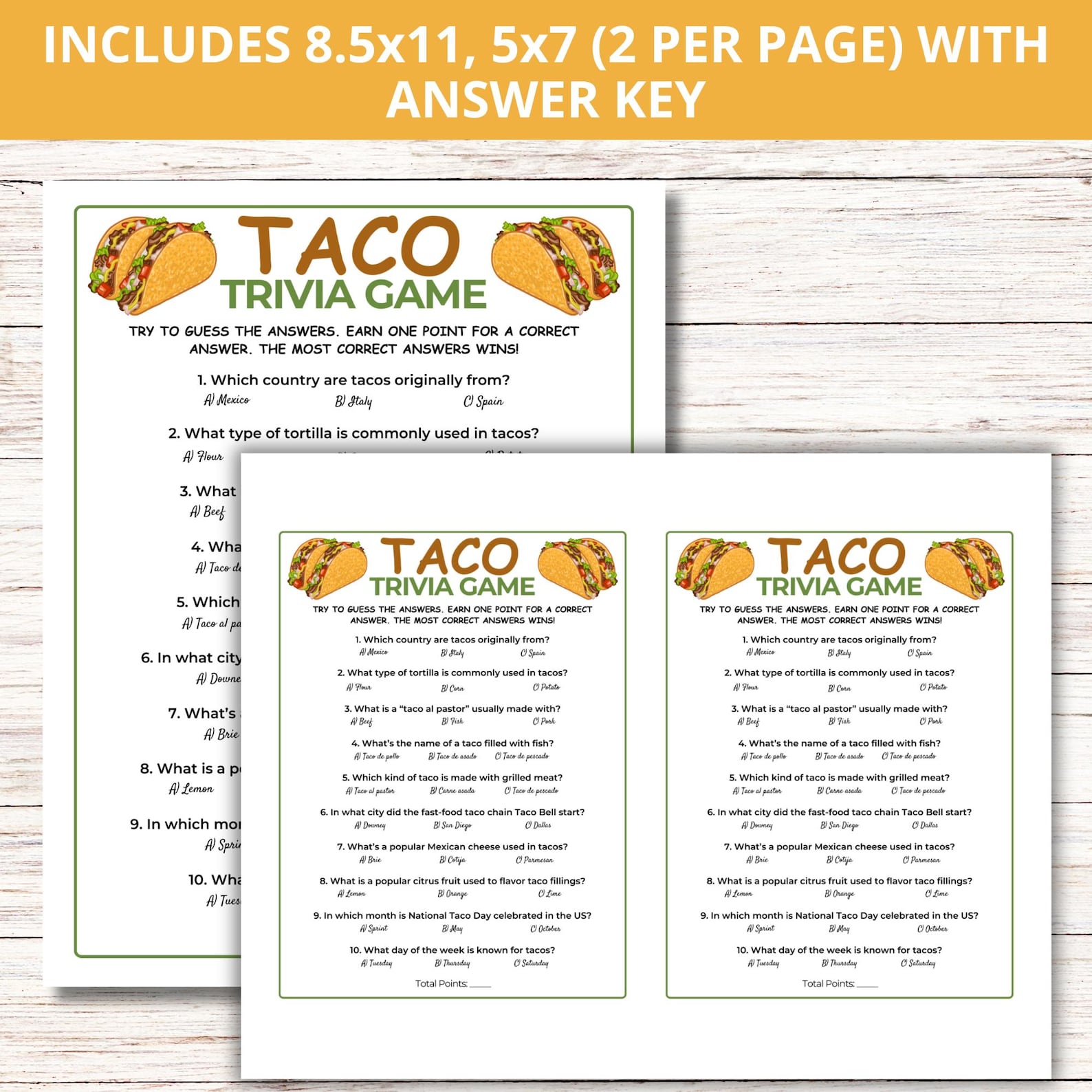 Taco Trivia Game, Printable Taco Tuesday Quiz, Fun Taco Party Game for ...