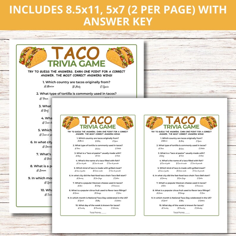 Taco Trivia Game, Printable Taco Tuesday Quiz, Fun Taco Party Game for ...