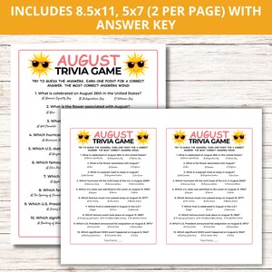 August Trivia Game, Printable August Quiz, Summer Party Game, Summer ...