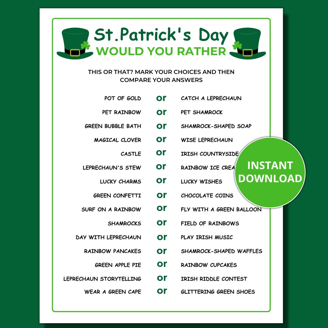 St Patrick's Day Would You Rather Game, Printable This or That St ...