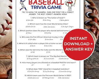 Baseball Trivia Game MLB Trivia Game for Kids & Adults Printable ...