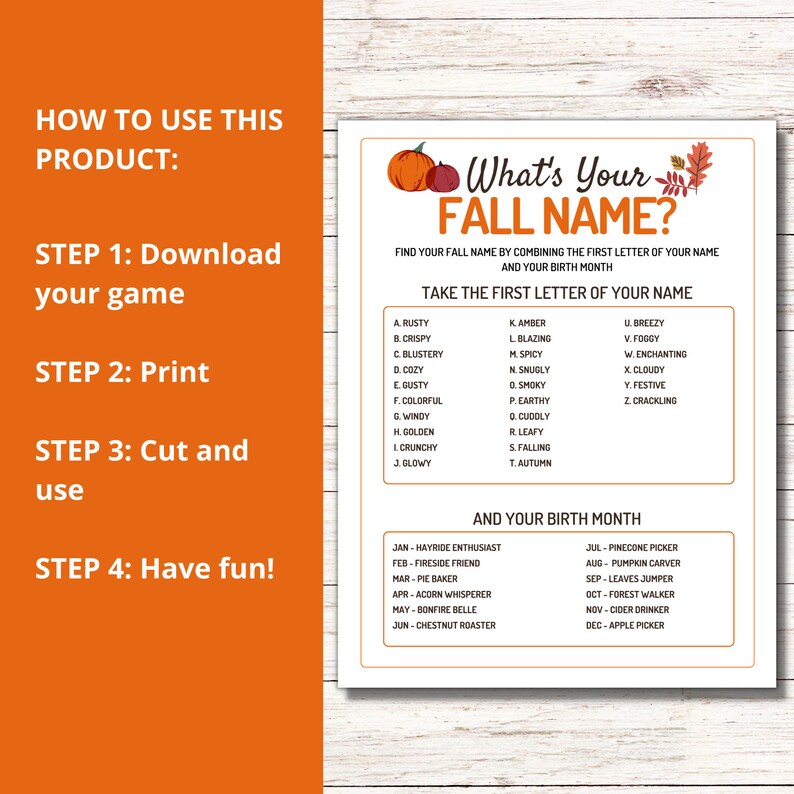 What's Your Fall Name Game, Printable Fall Party Games, Fall Name ...