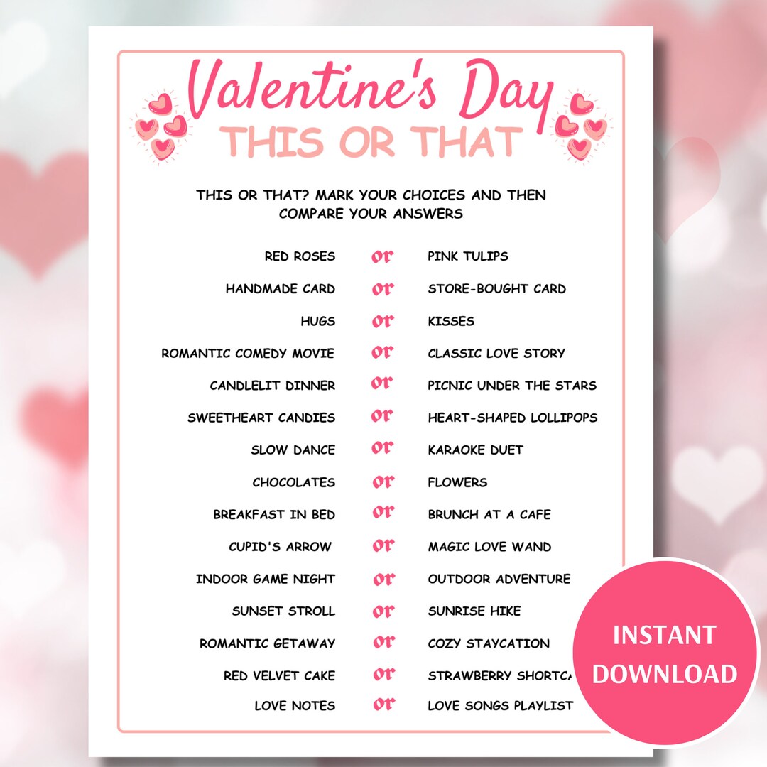 Would You Rather Valentine's Day Game, Printable Valentine This or That ...