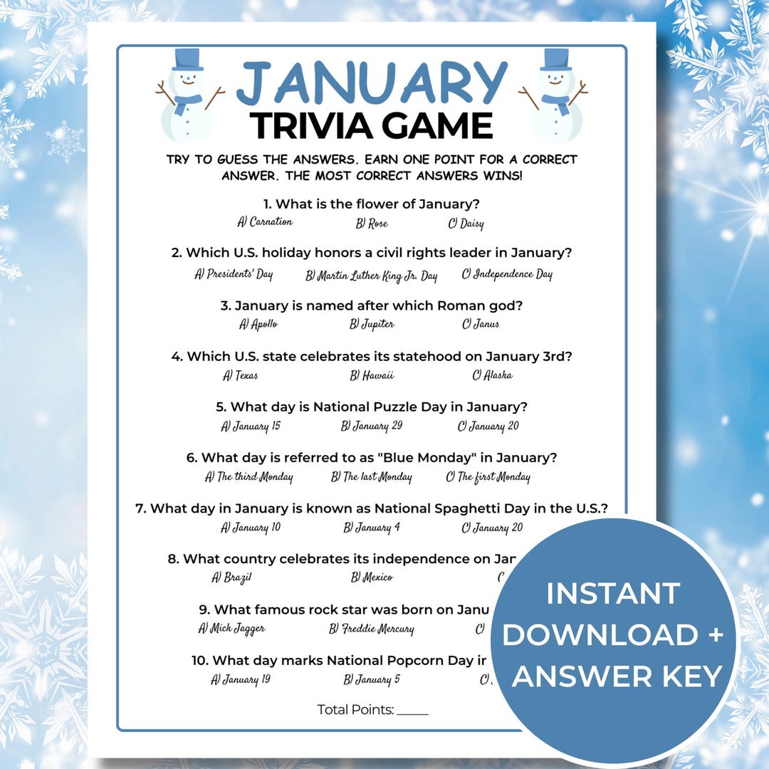 January Trivia Game, Printable January Games, Winter Trivia Game, Fun ...