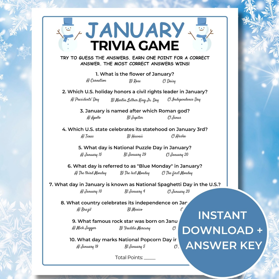 January Trivia Game, Printable January Games, Winter Trivia Game, Fun ...