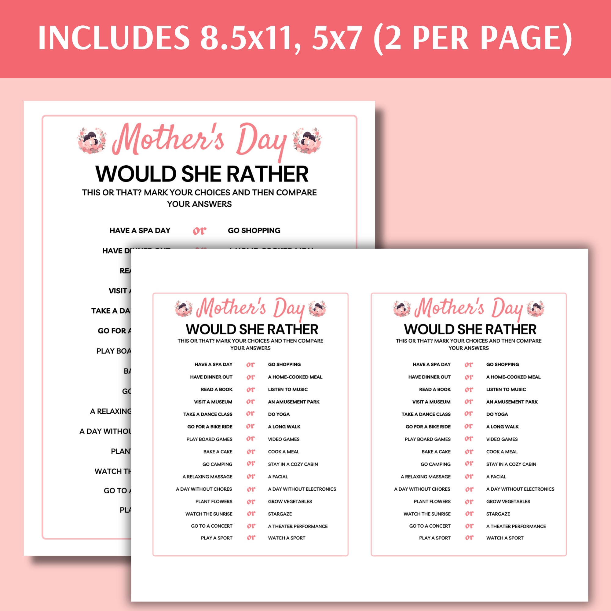 Mother's Day Would She Rather, Printable Mothers Day Games, This or ...
