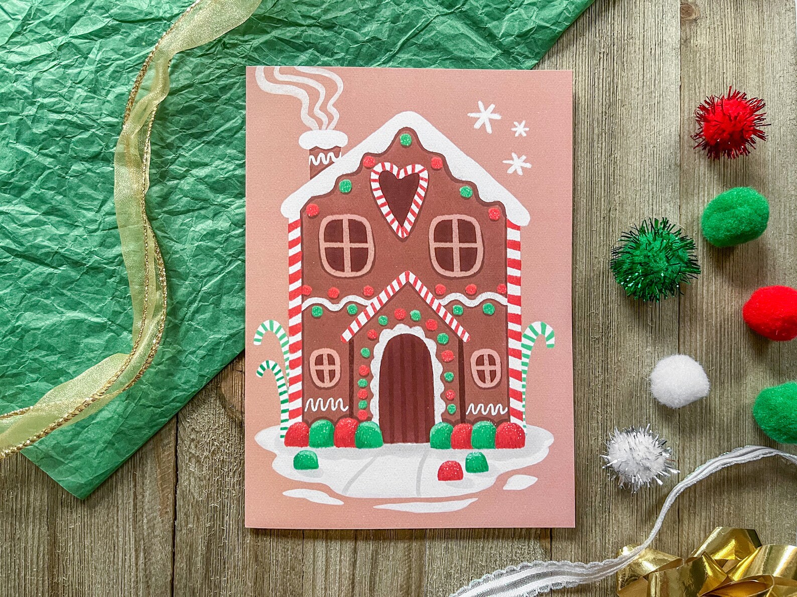 Gingerbread House Classic Christmas Card, Holiday Dessert Gumdrop ...