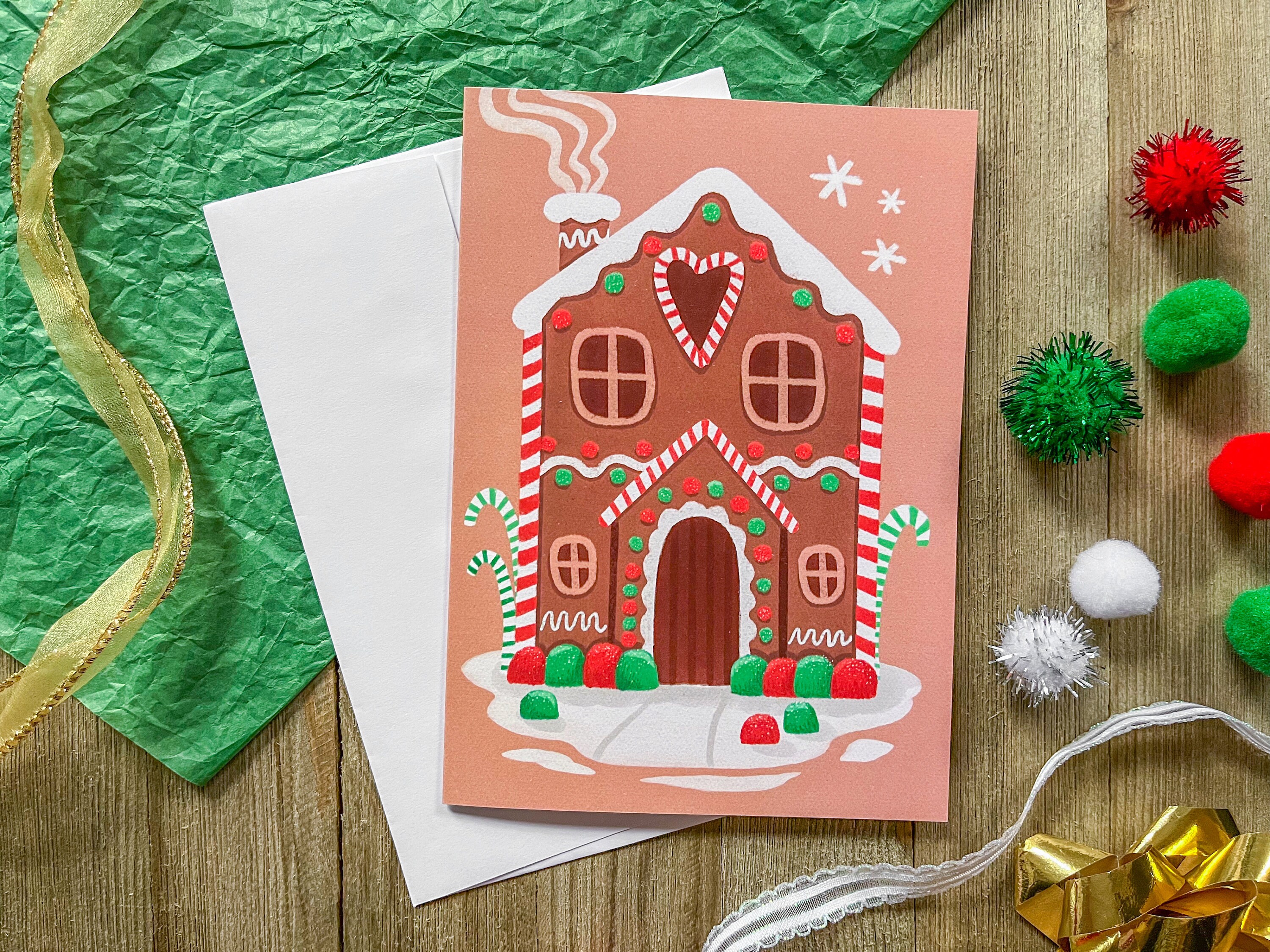 Gingerbread House Classic Christmas Card, Holiday Dessert Gumdrop ...