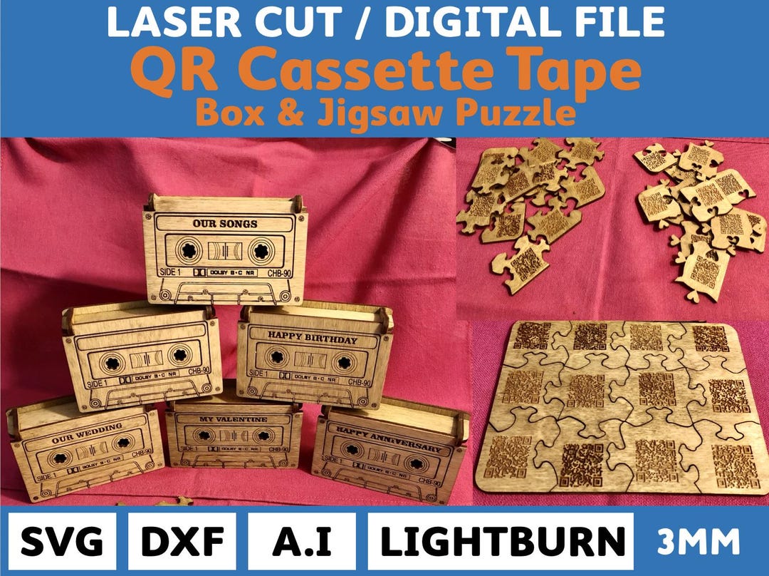 QR Cassette Tape Box With Jigsaw Puzzle Song List - Laser Cut Files ...