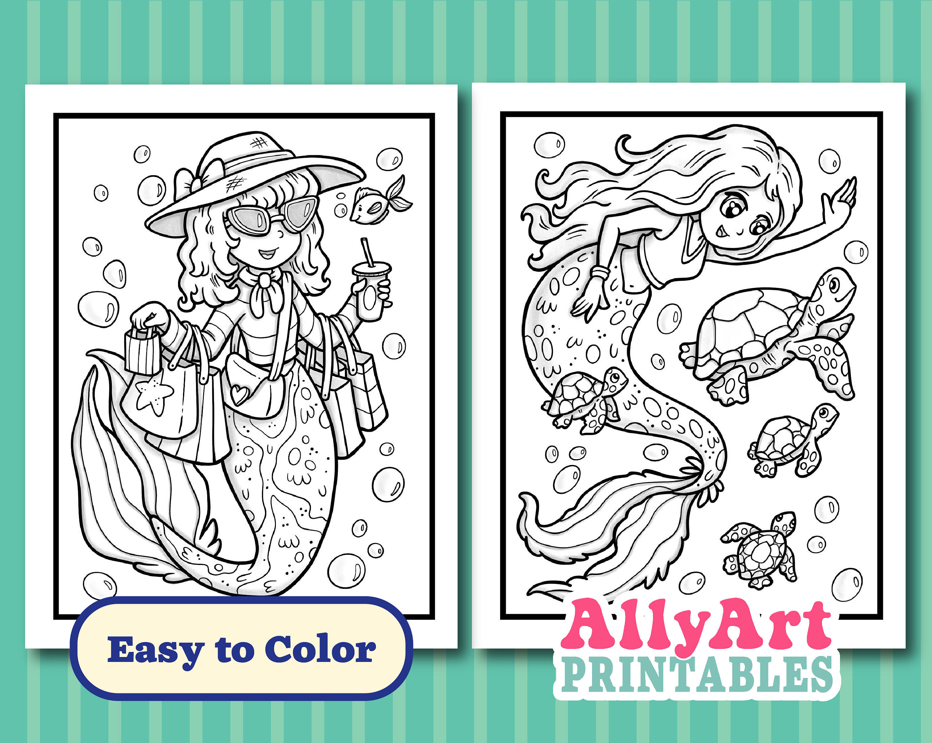 Mermaid Coloring Pages - Digital Download Artwork - Easy to Color ...