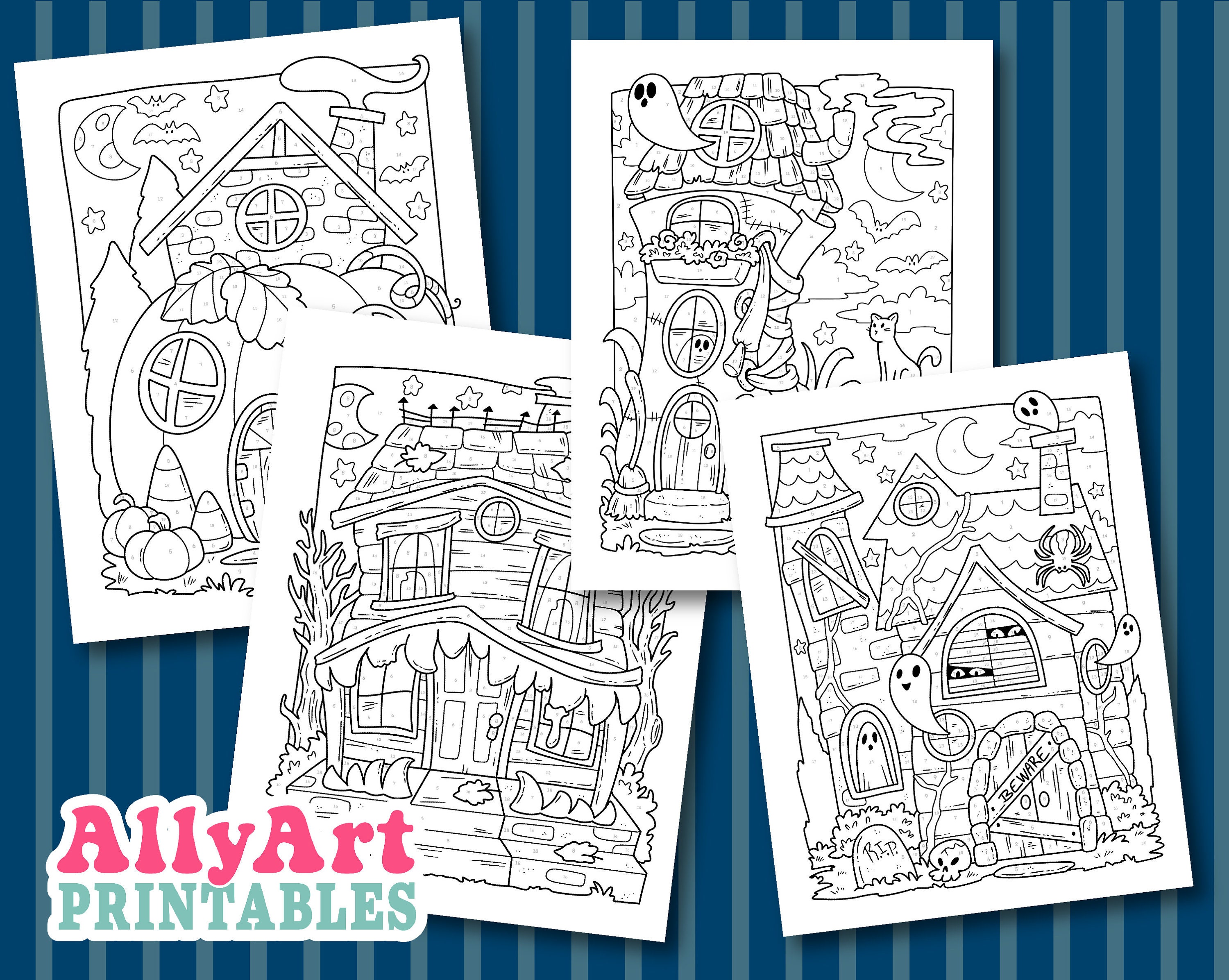 Color by Number Spooky Houses Digital Halloween Coloring Pages Spooky ...