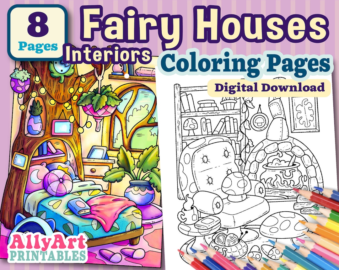 Fairy Houses Interior Coloring Pages - Digital Download Artwork - Fairy ...