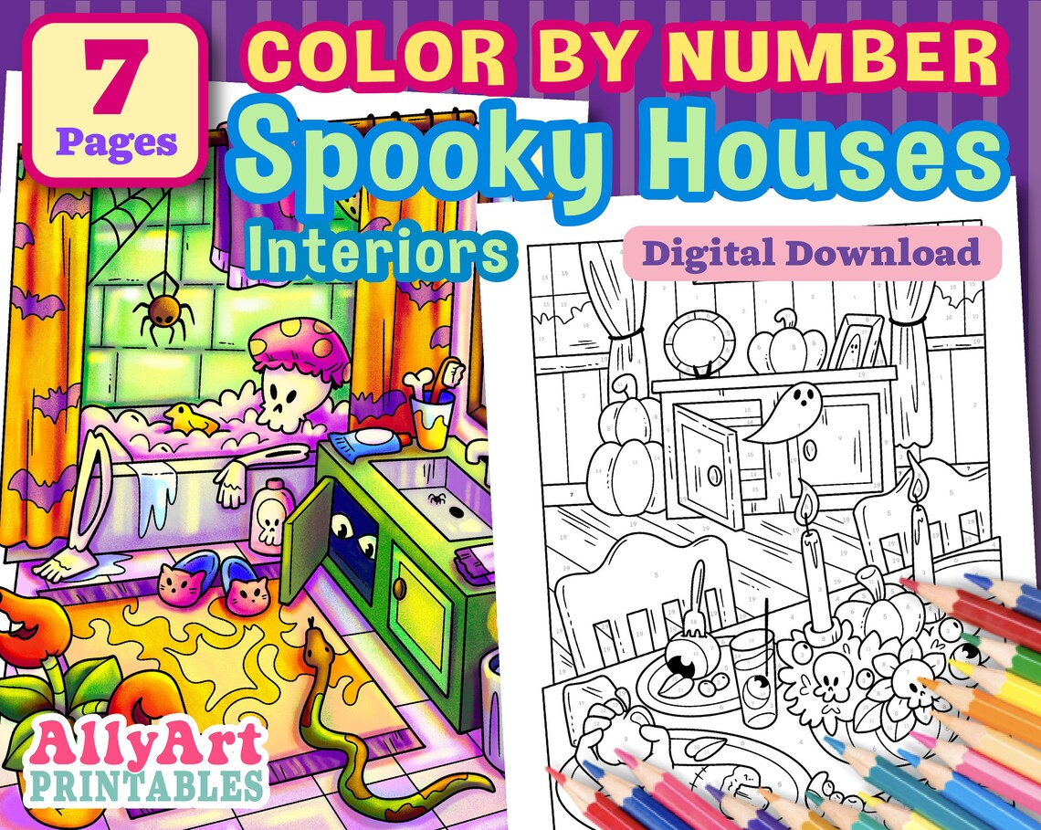 Color by Number Spooky Houses Interiors - Halloween Coloring Pages ...