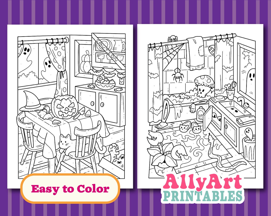 Color by Number Spooky Houses Interiors Halloween Coloring Pages ...