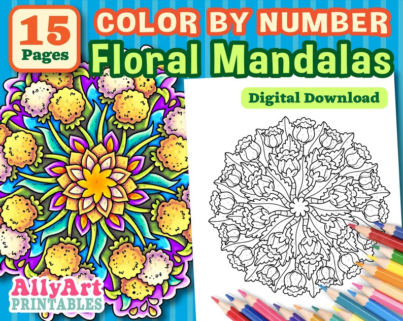 Color by Number Floral Mandalas - Pattern Coloring Pages - Digital ...
