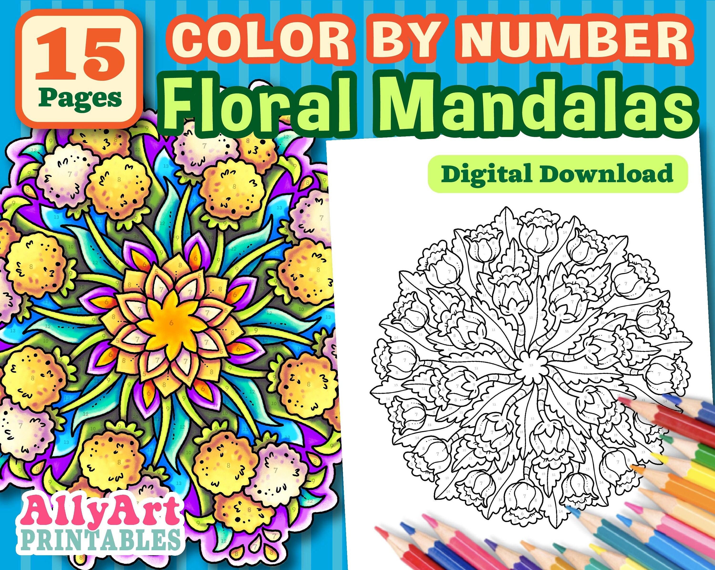 Color by Number Floral Mandalas - Pattern Coloring Pages - Digital ...