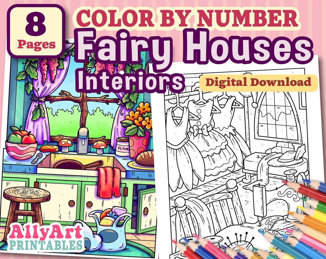 Color by Number Fairy Houses Interiors - Digital Download Coloring ...