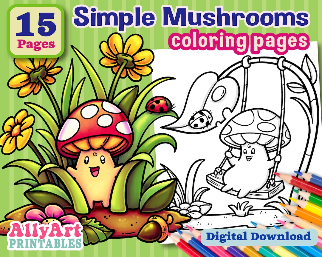 Simple Mushrooms Coloring Pages - Digital Download Pages - Printable ...