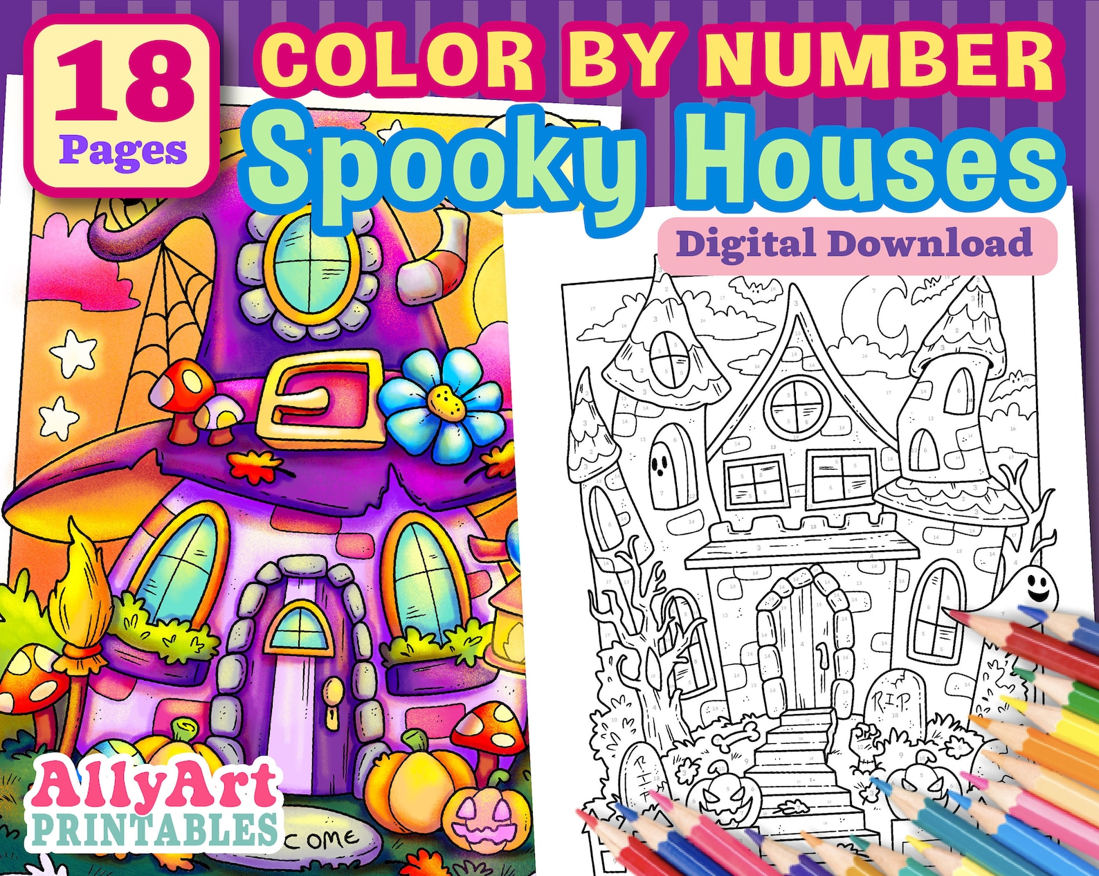 Color by Number Spooky Houses - Digital Halloween Coloring Pages ...