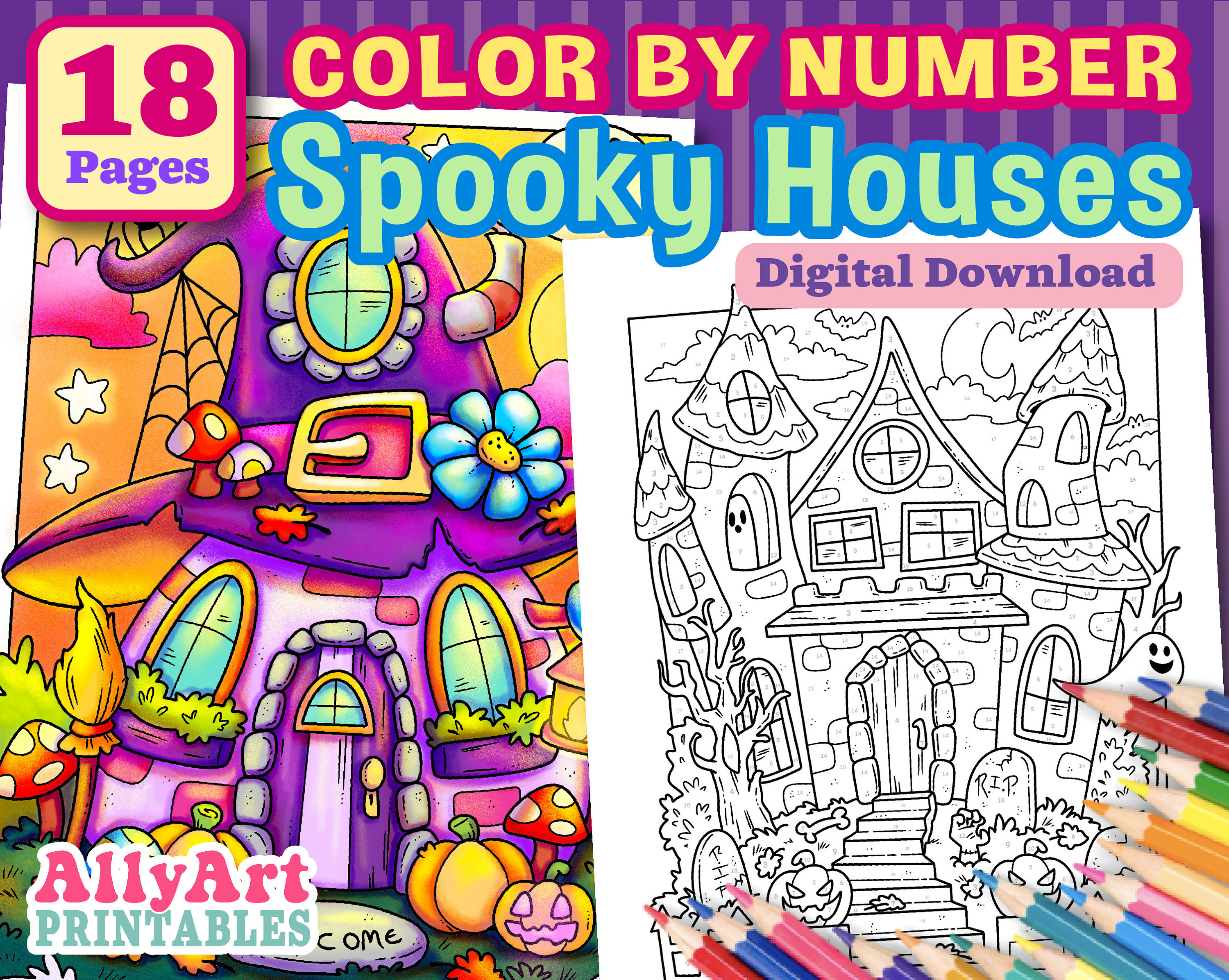 Color by Number Spooky Houses Digital Halloween Coloring Pages Spooky ...