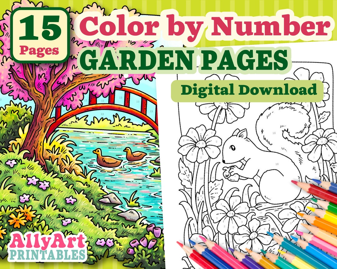 Color by Number Garden Coloring Pages, Digital Download Adult Coloring ...
