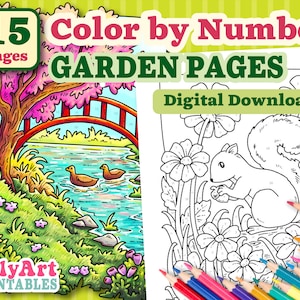 Color by Number Garden Coloring Pages, Digital Download Adult Coloring ...