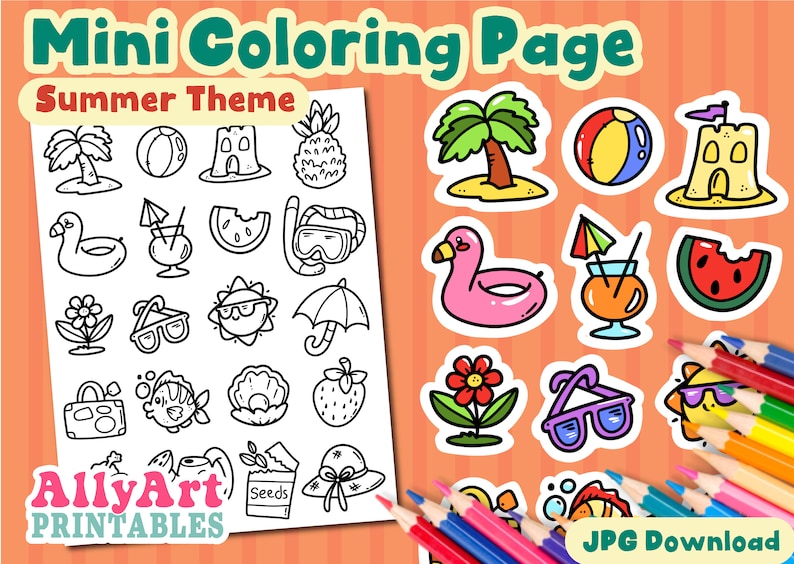 Cute Summer Coloring Page - Mini Images to Color - Printable Coloring ...