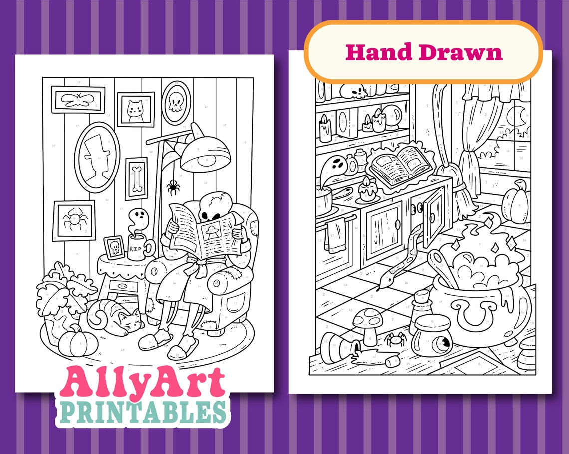 Color by Number Spooky Houses Interiors Halloween Coloring Pages ...