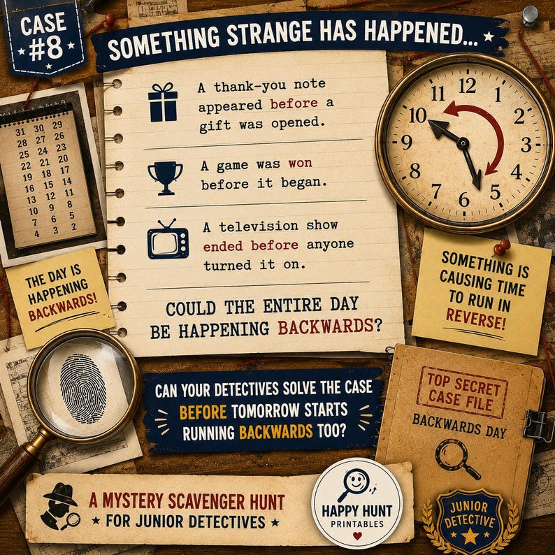 Detective Scavenger Hunt Printable | Curious Case Backwards Day Mystery ...