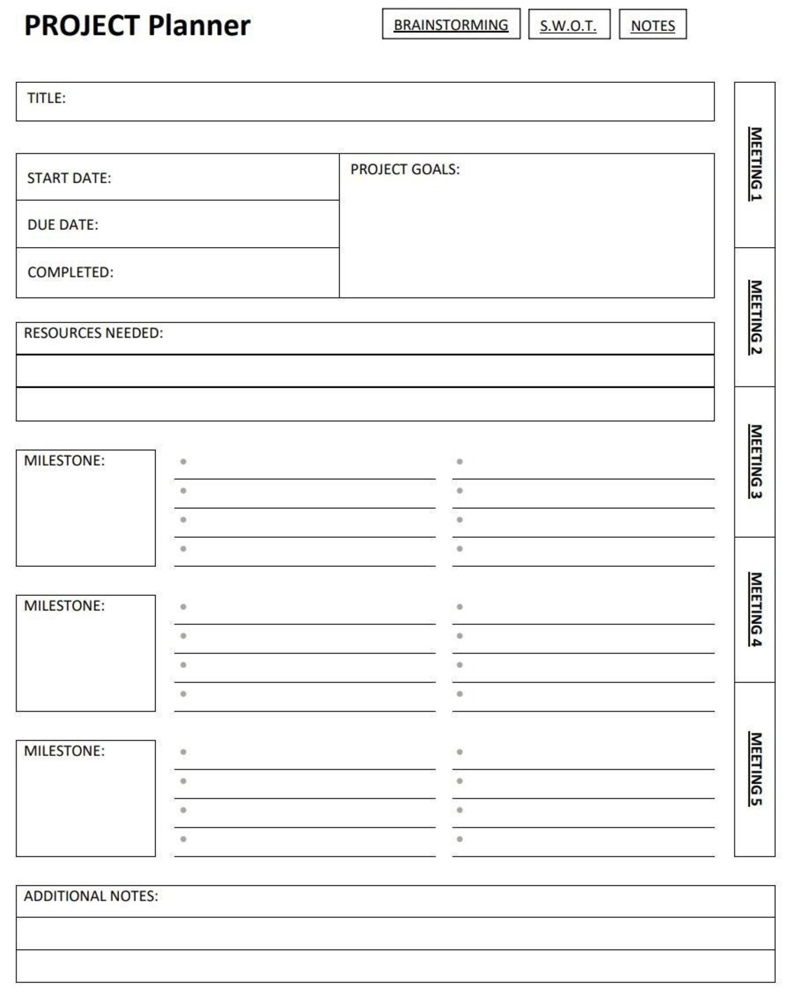 Project Planner With SWOT, Brainstorming, Meeting Pages & Notes ...