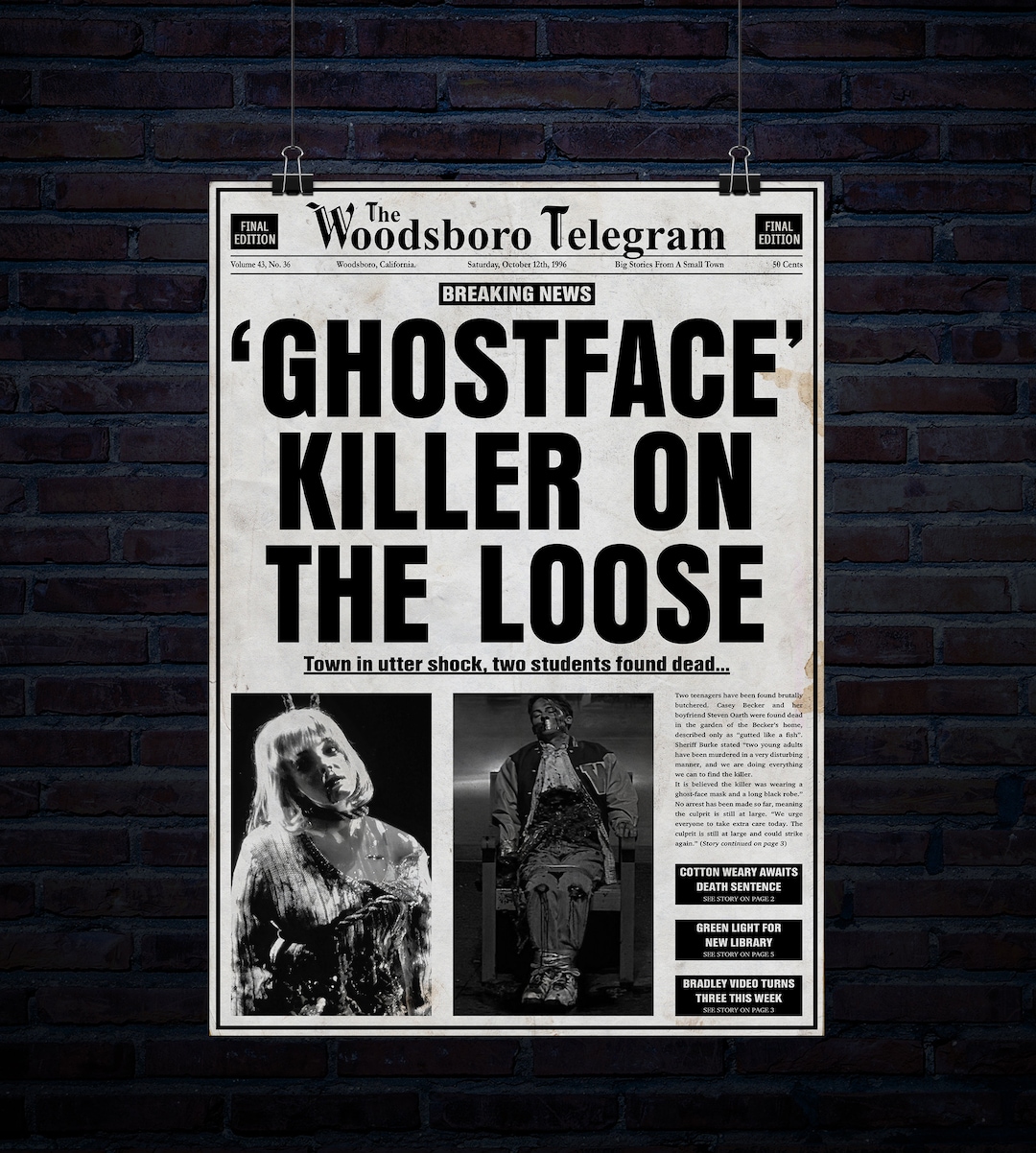 Ghostface Killer on the Loose Newspaper Article 20 Inch X 30 Inch ...