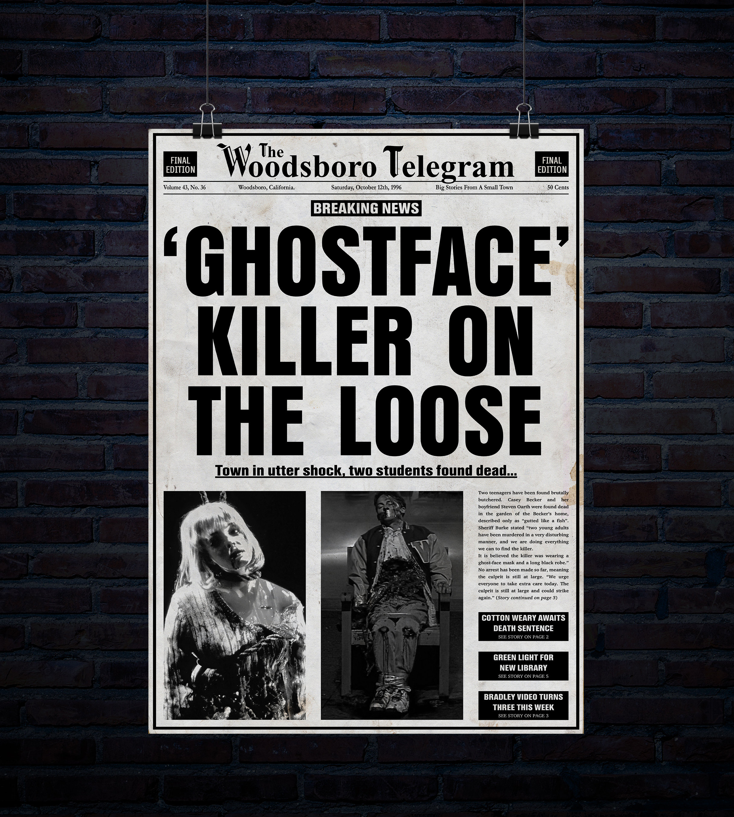 Ghostface Killer on the Loose Newspaper Article 20 Inch X 30 Inch ...