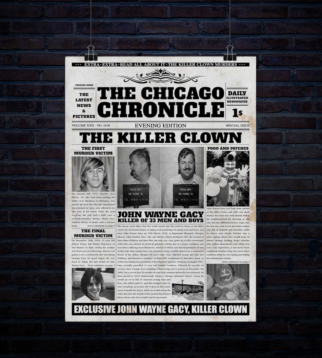Serial Killer John Wayne Gacy Newspaper Article 20 Inch X 30 Inch ... Serial Killer John Wayne Gacy Newspaper Article 20 Inch X 30 Inch ...
