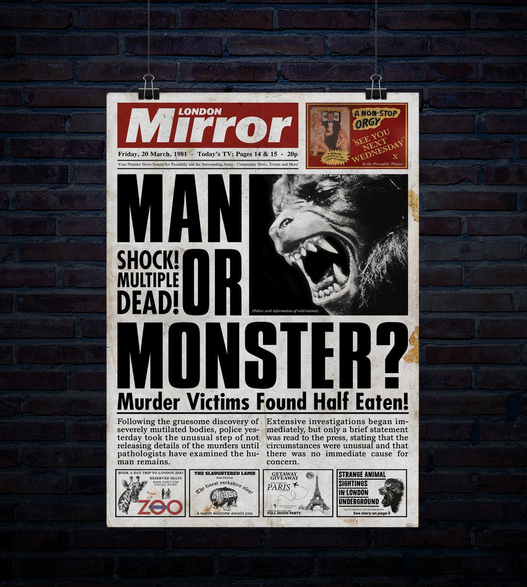 Man or Monster Horror Newspaper Article 20 Inch X 30 Inch 300dpi Poster ...