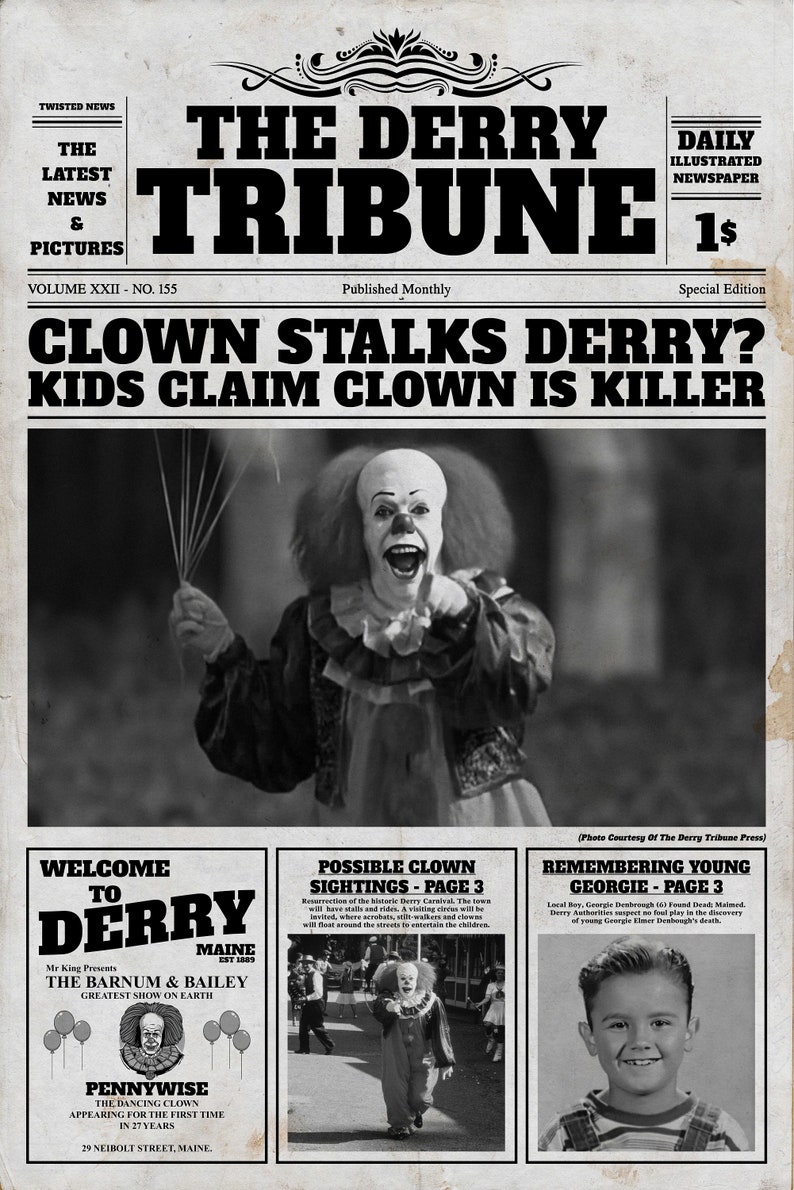Kids Claim Clown is Killer Newspaper Article 20 Inch X 30 Inch 300dpi ...