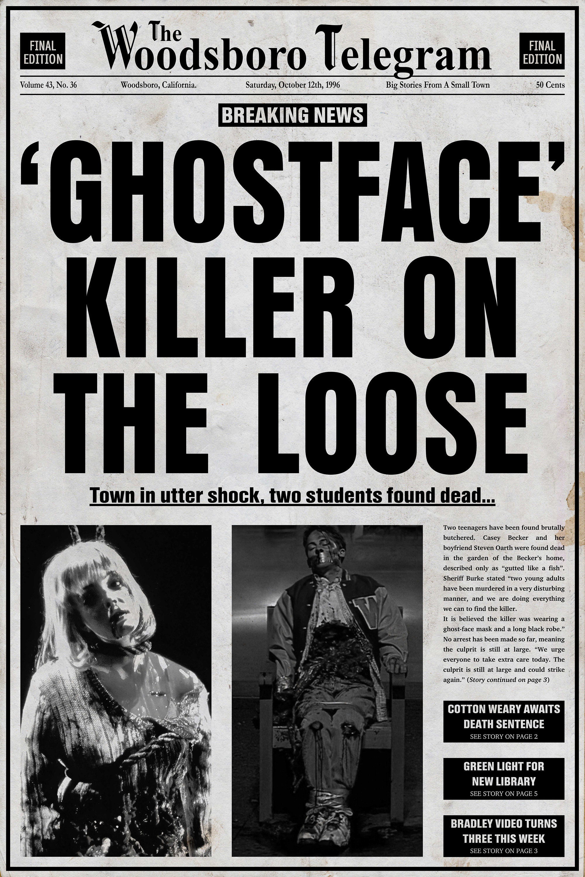 Ghostface Killer on the Loose Newspaper Article 20 Inch X 30 Inch ...