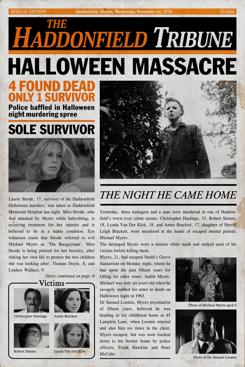 Halloween the Night He Came Home Newspaper Article 20 Inch X 30 Inch ...