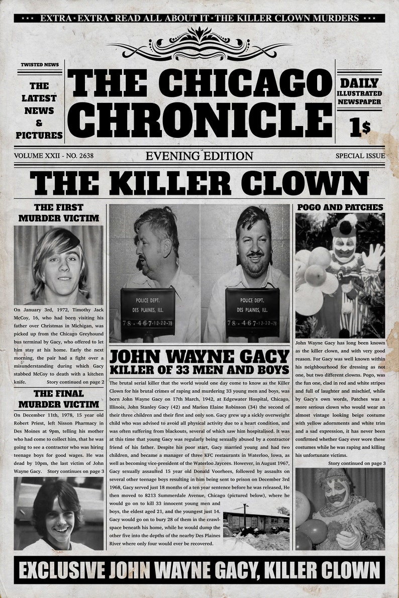 Serial Killer John Wayne Gacy Newspaper Article 20 Inch X 30 Inch ...