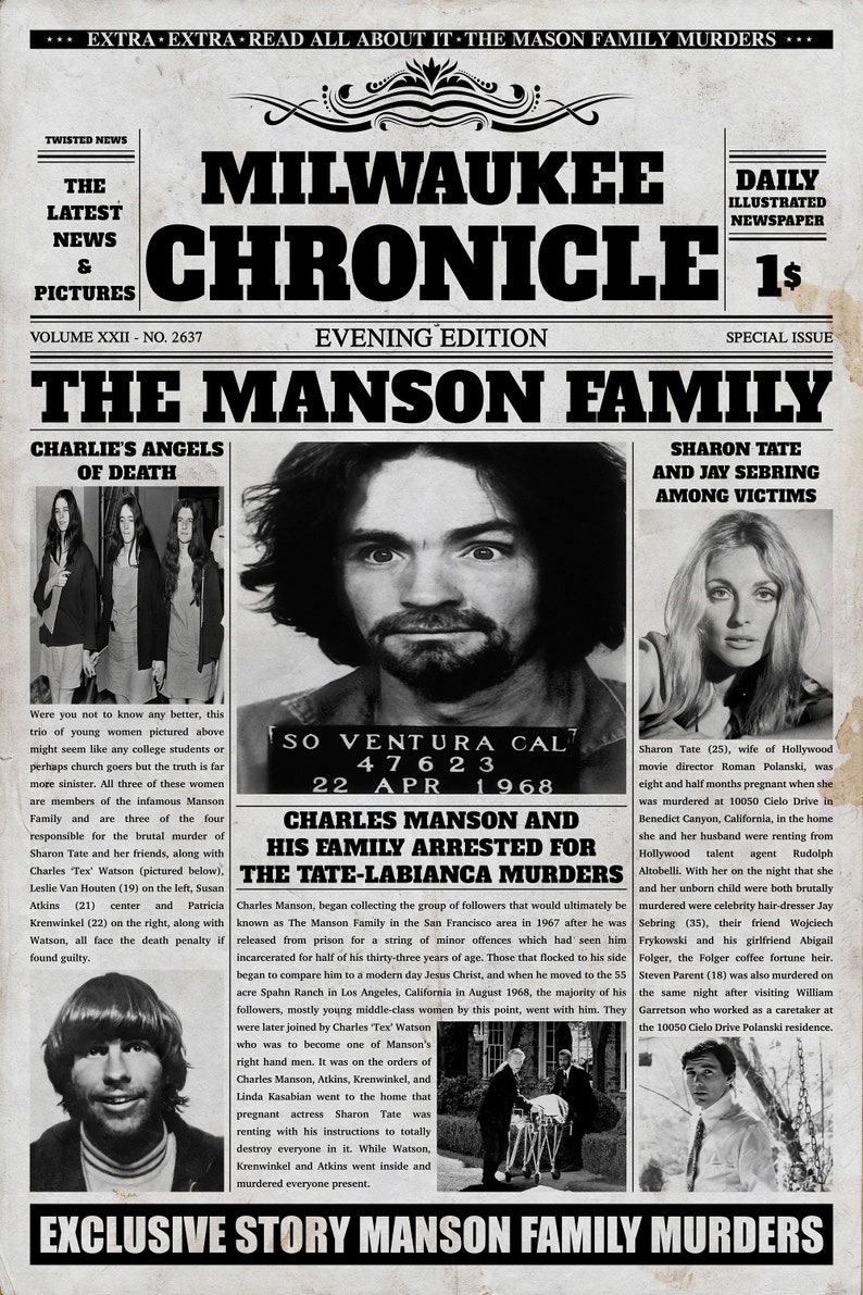 Serial Killer Charles Manson the Manson Family Newspaper Article 20 ...