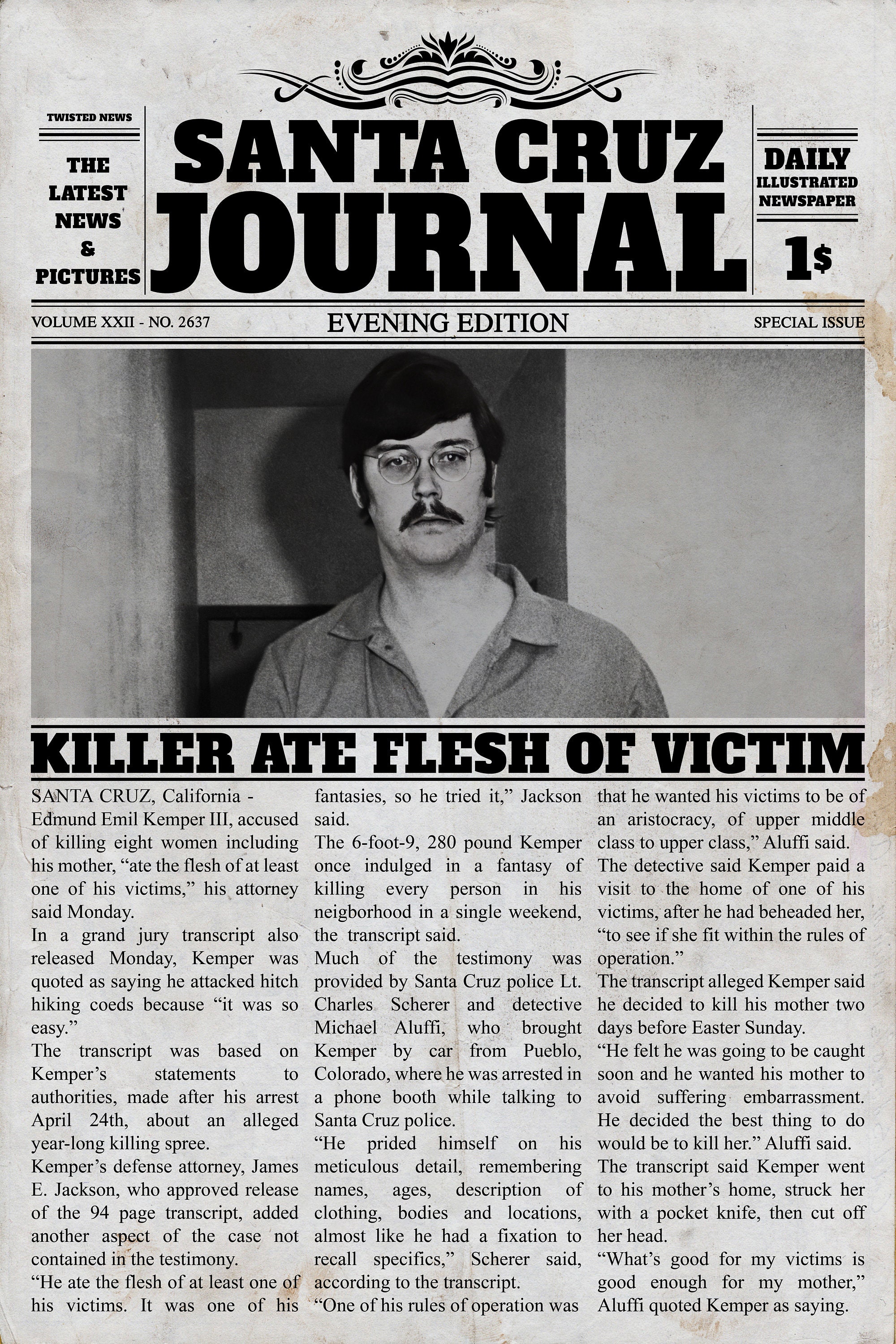 Ed Kemper Serial Killer Pack of 2 Newspaper Articles 20 Inch X 30 Inch ...