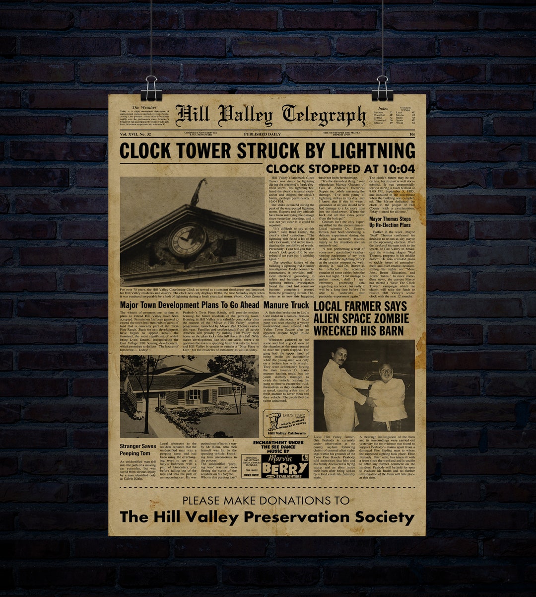 Clock Tower Struck by Lightning Newspaper Article 20 Inch X 30 Inch ...